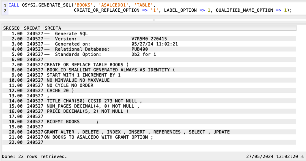 Qsys2generatesql Stored Procedure Cptserv 5541